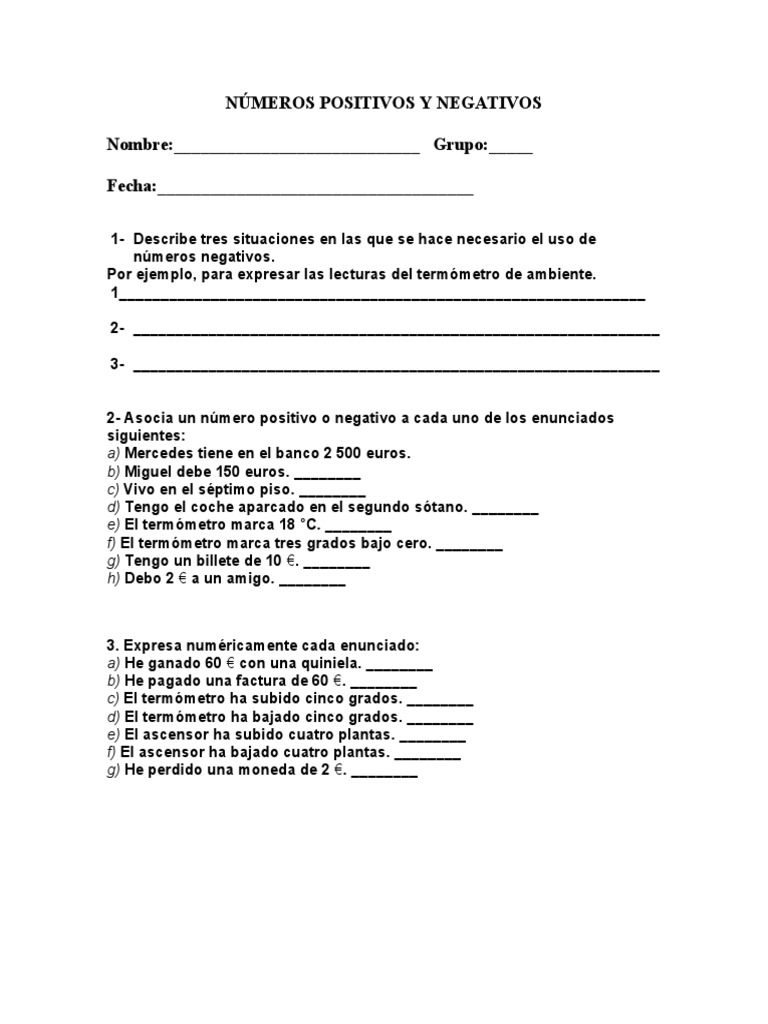 Taller de Números Enteros Positivos y Negativos | PDF | Multiplicación ...
