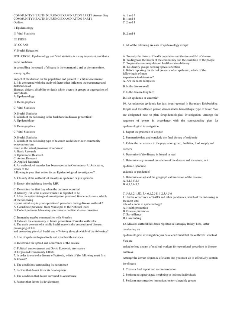 Community Health Nursing Examination Part I Answer Key | PDF