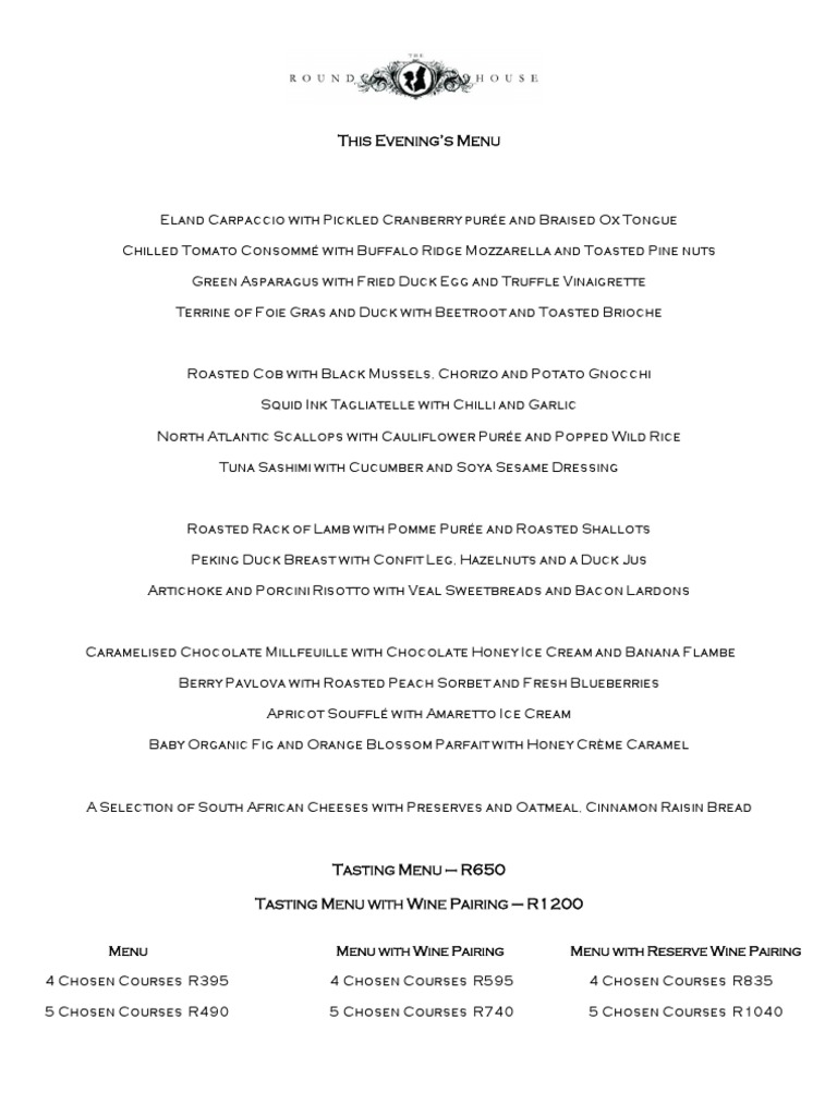 The Roundhouse Menu | PDF