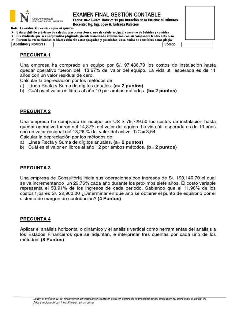 EXAMEN FINAL GESTION CONTABLE Octubre 2021 | PDF | Economias
