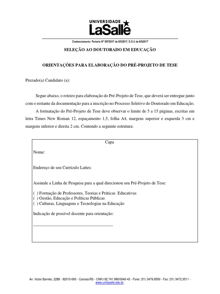 Modelo Pré Projeto Doutorado Download Grátis Pdf Science