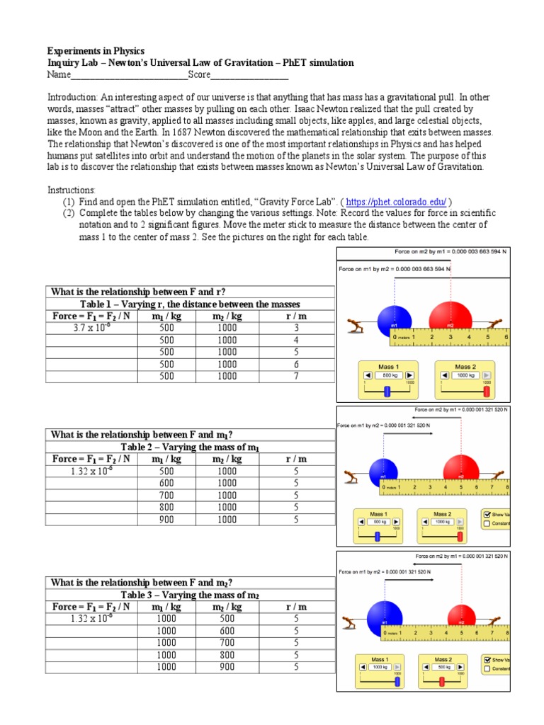 Experiment 3. Gravitation | PDF | Force | Mass