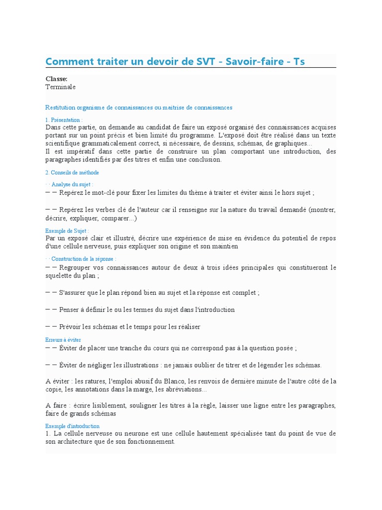 Méthodes pour traiter un devoir de SVT | PDF | Respiration | Nerf
