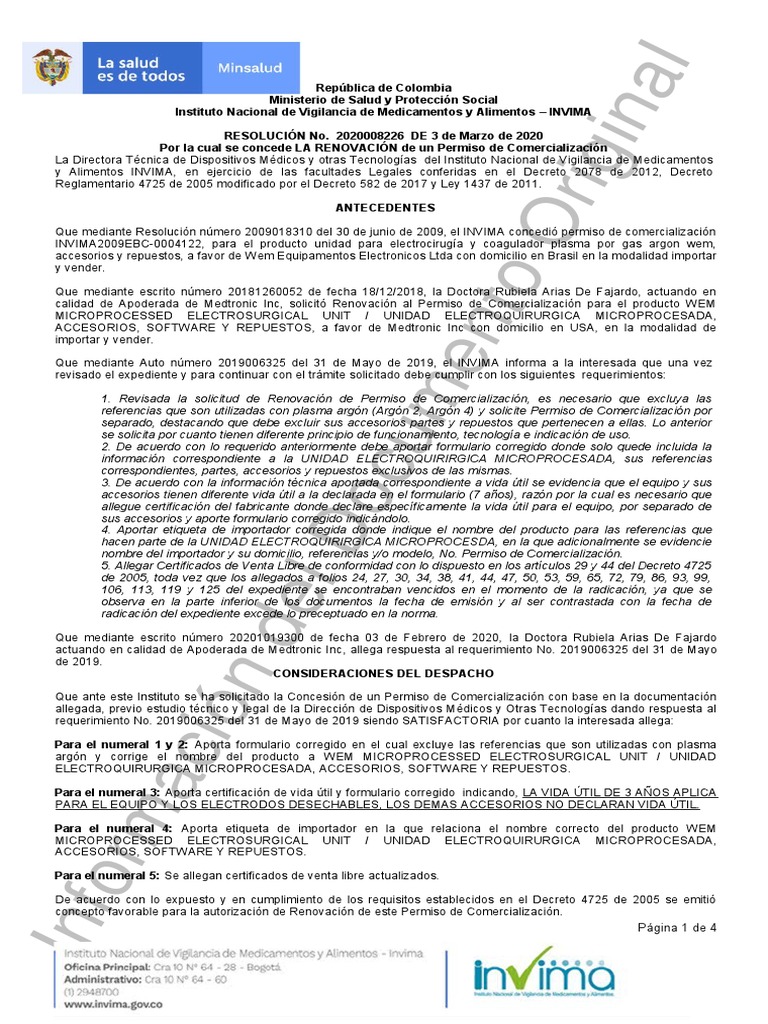 Registro Invima - Electrobisturi Wem | PDF