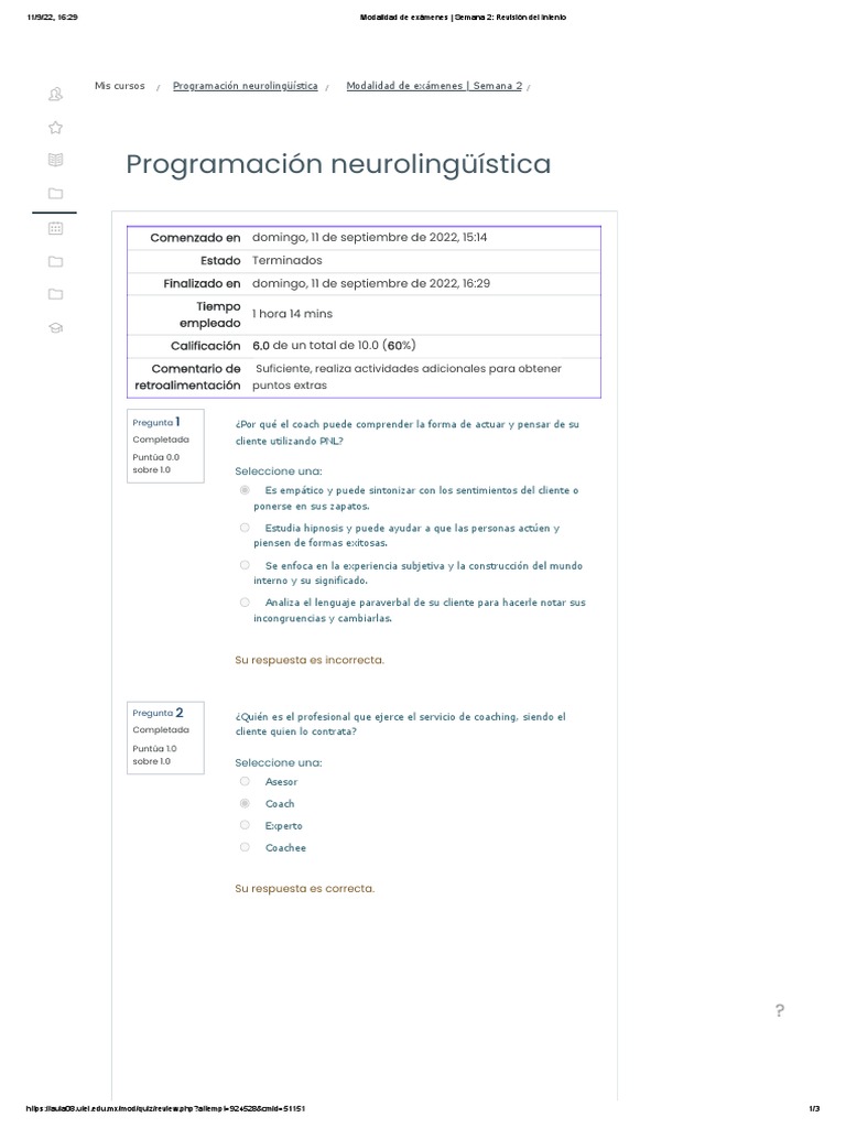 Modalidad de Exámenes - Semana 2 - Revisión Del Intento | PDF | Programación neurolingüistica ...