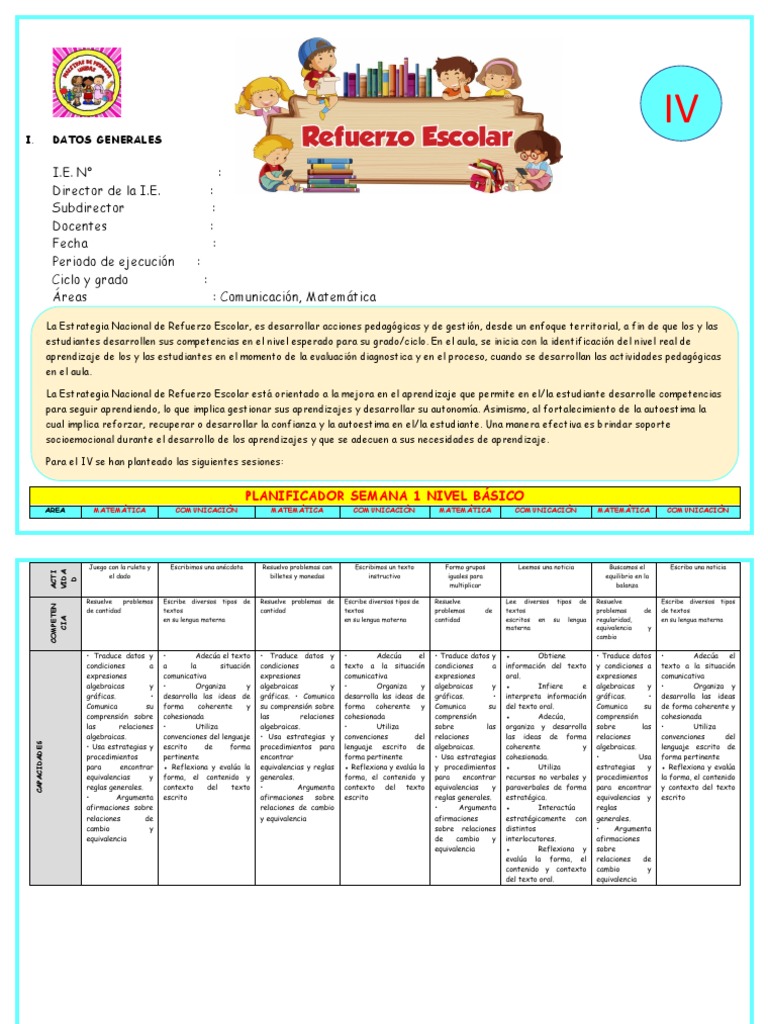 Planificación de sesiones de refuerzo escolar en Matemática y Comunicación | PDF | Aprendizaje ...