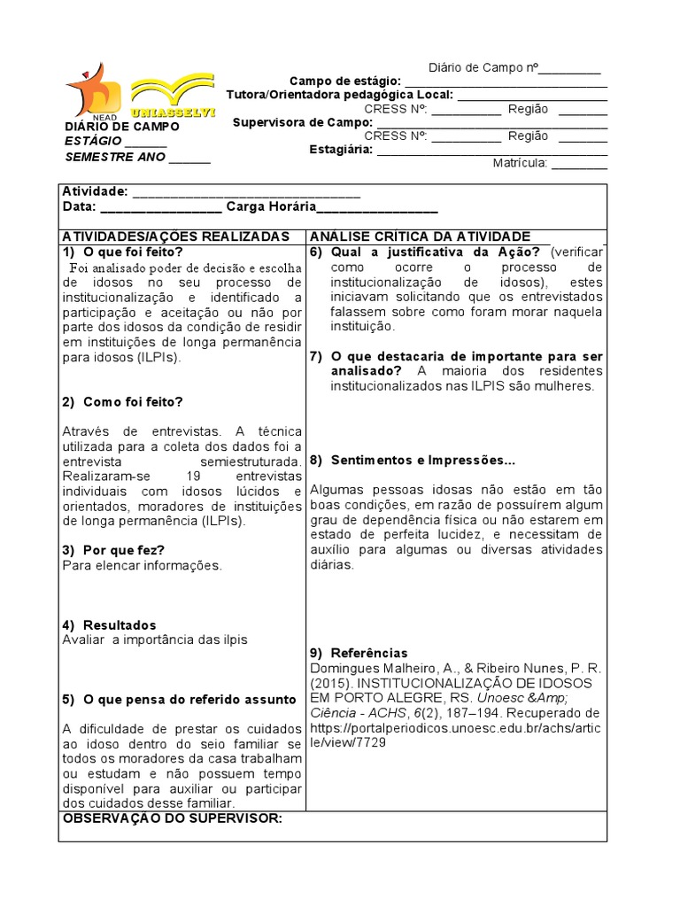 Modelo Diário de Campo | PDF