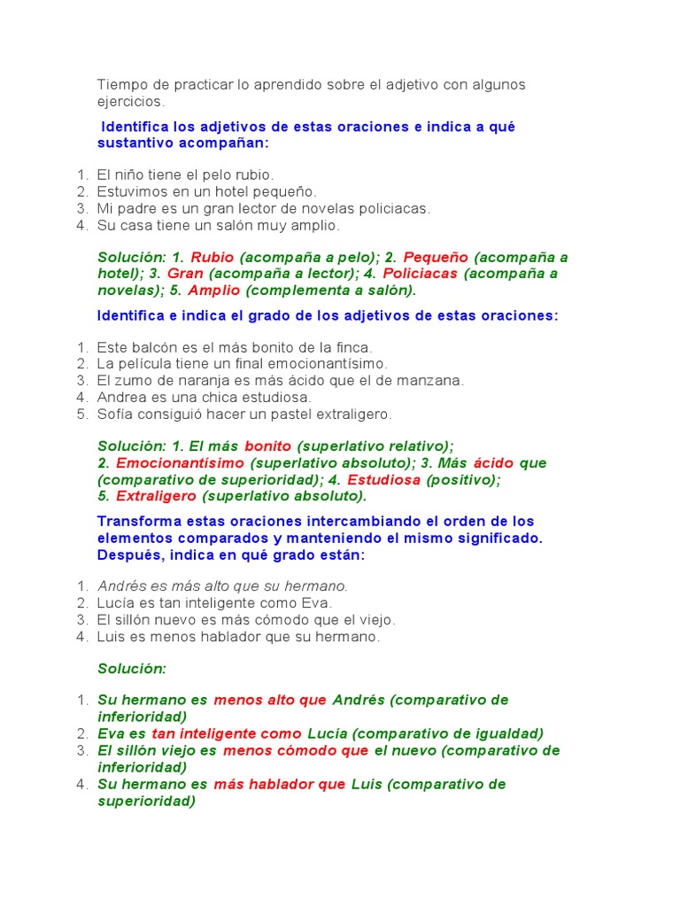 Tiempo de Practicar Lo Aprendido Sobre El Adjetivo Con Algunos ...