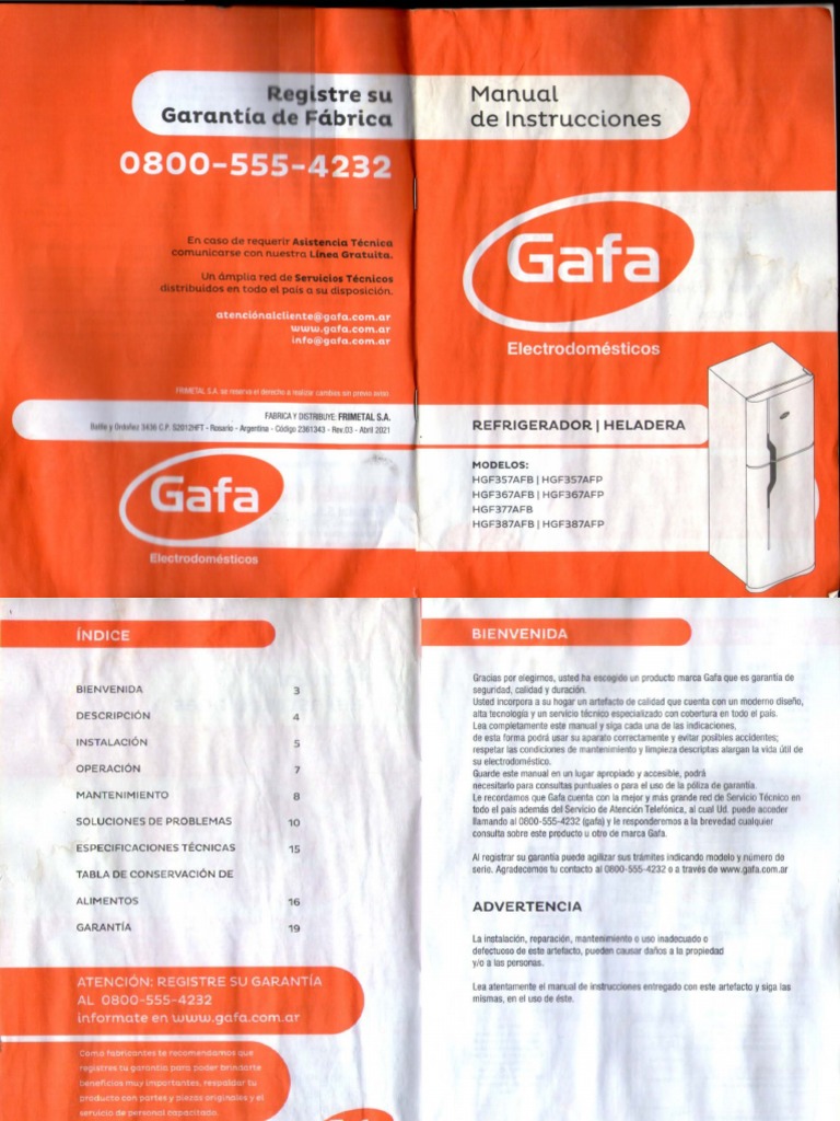 Heladera GAFA HGFxxx-Manual de Instrucciones | PDF | Refrigerador | Agua