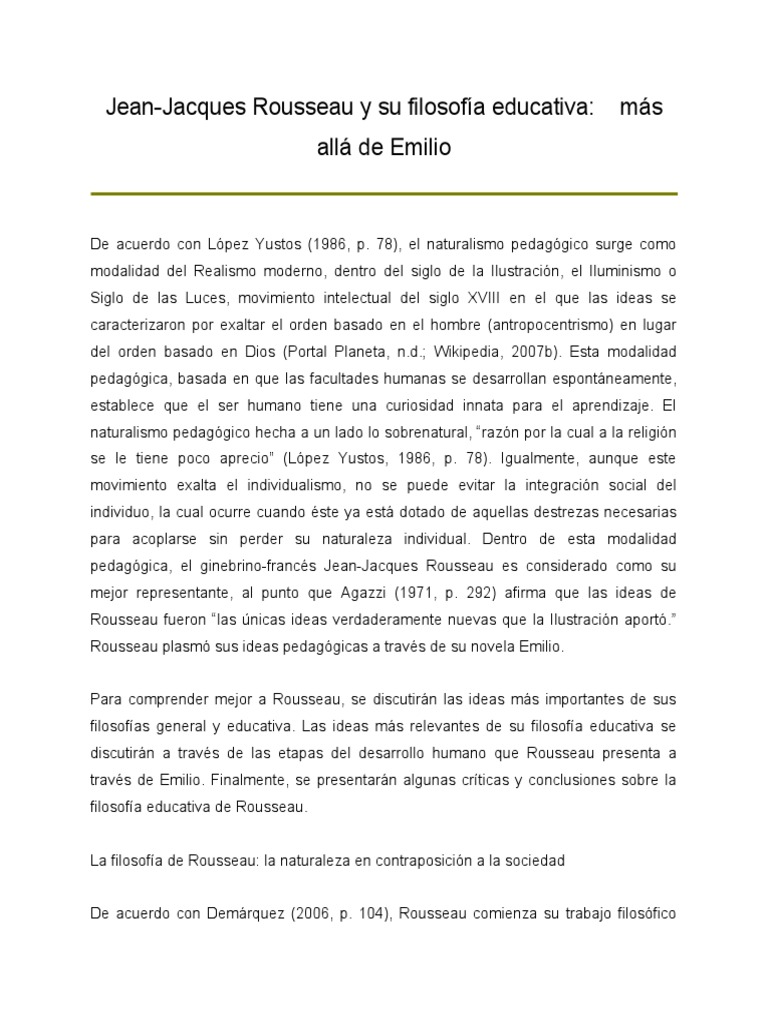 Rousseau y su Filosofía Educativa | PDF | Emile, o sobre educación | Jean-Jacques Rousseau