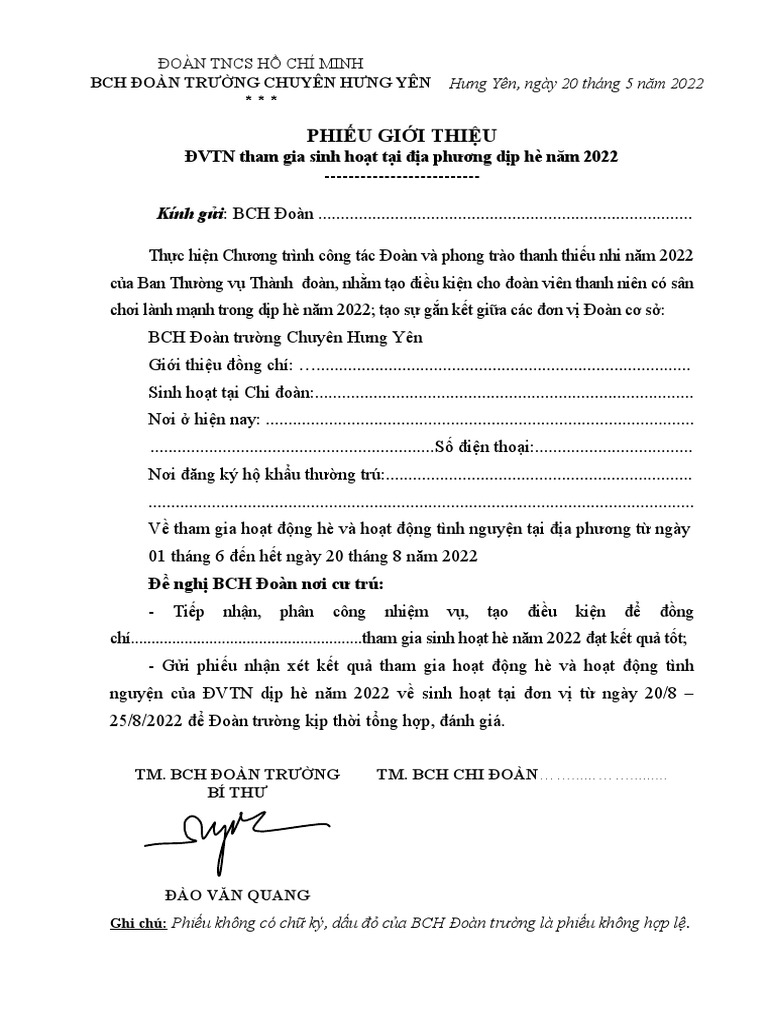 Phieu Gioi Thieu Sinh Hoat He | PDF