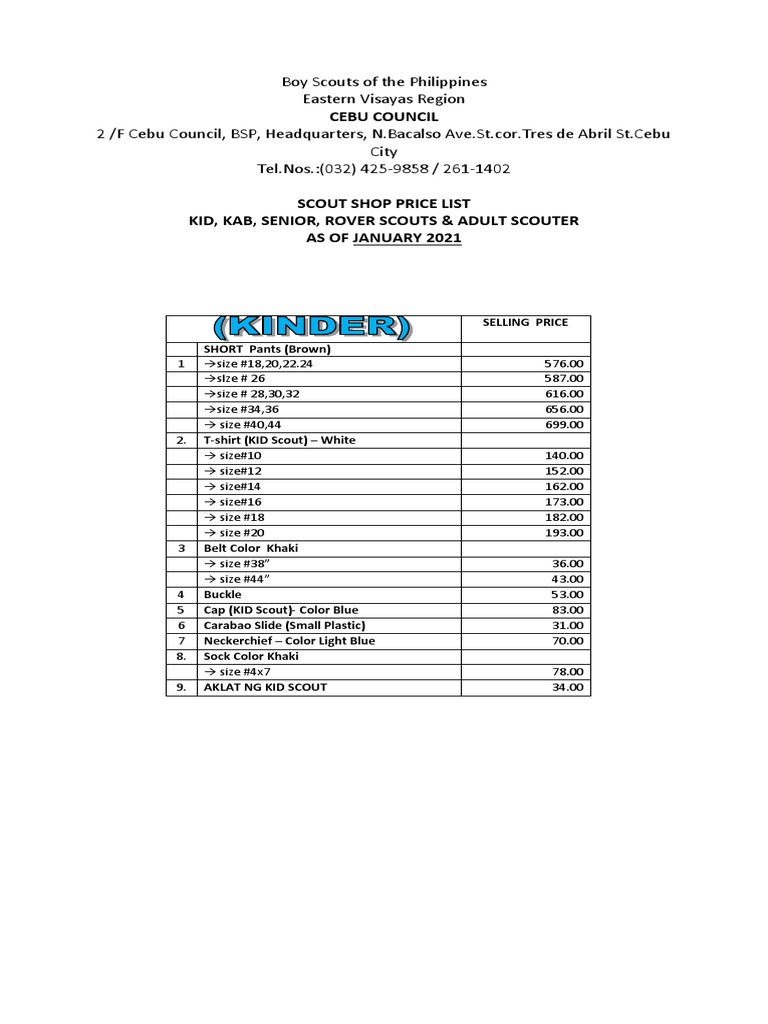 BSP Uniforms Price List | PDF | Scouting | Softlines (Retail)