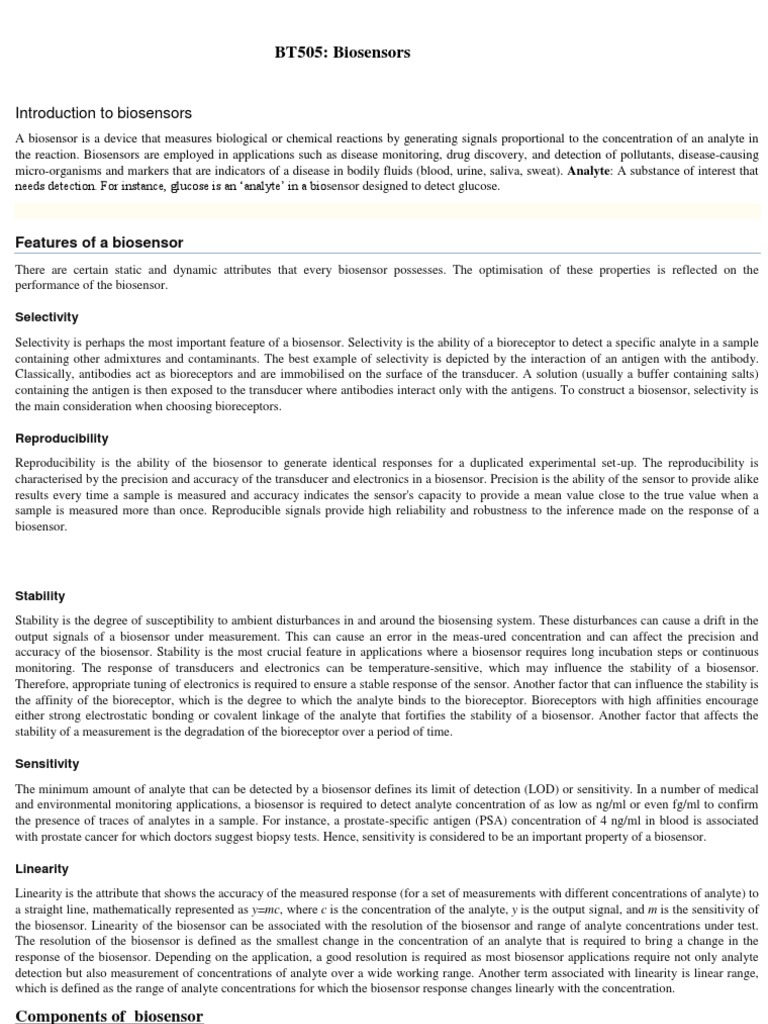 BT505 BIOSENSORS - Handouts | PDF | Field Effect Transistor | Biosensor