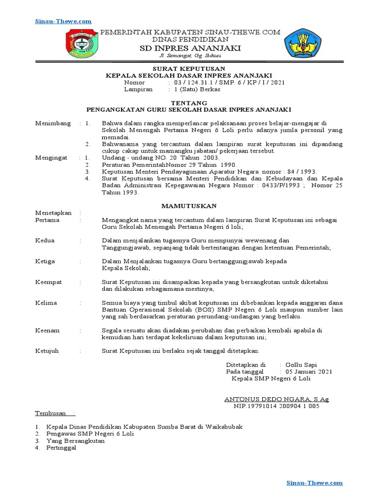 Contoh SK Pengangkatan Guru Honorer | PDF