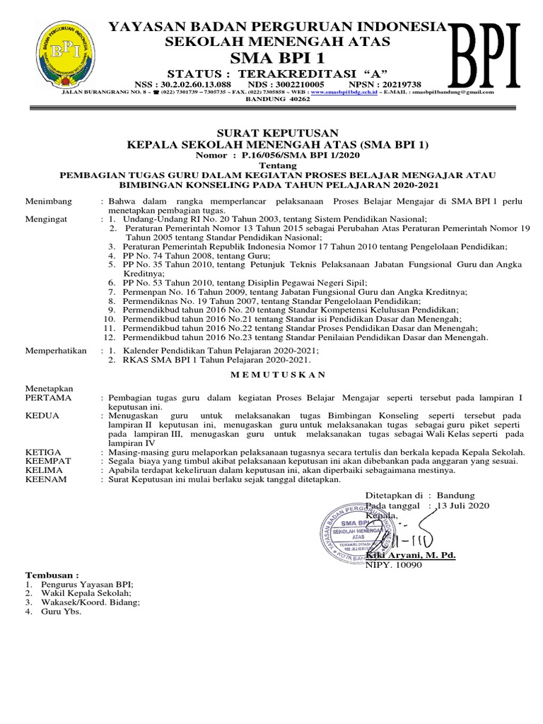 Pembagian Tugas Guru SMA BPI 1 2020-2021 | PDF