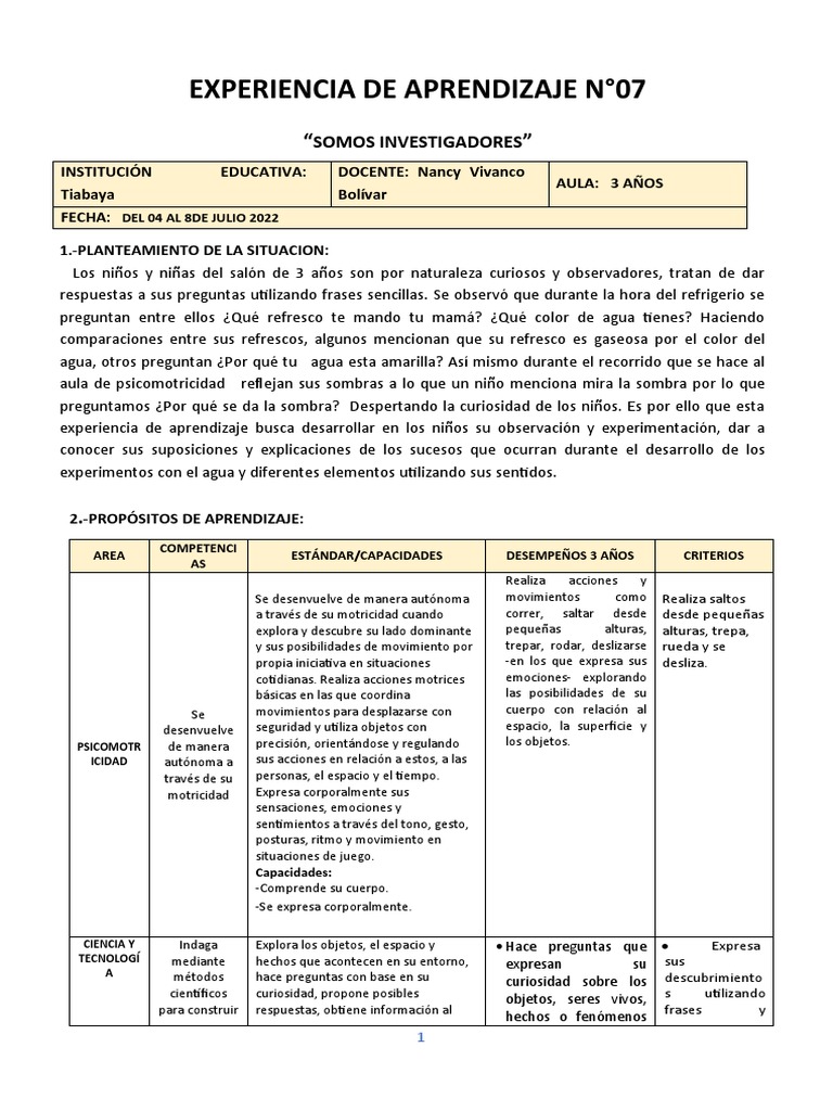 EXP 7 - 3 AÑOS Planificacion | PDF | Salón de clases | Curiosidad