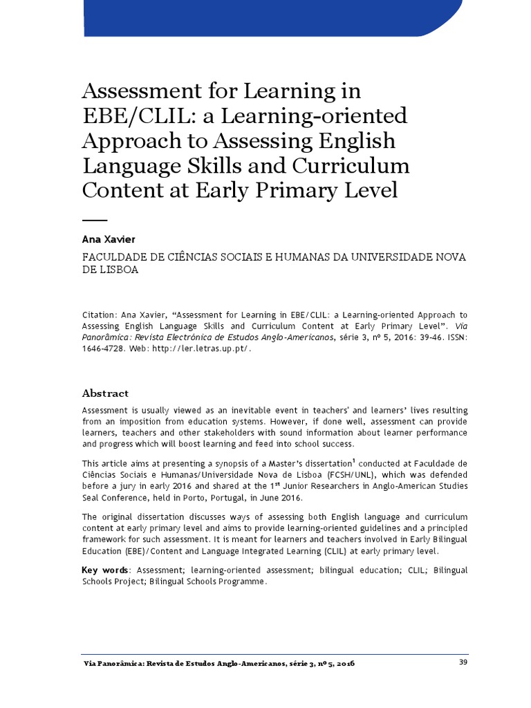 Assessment For Learning in EBE/CLIL: A Learning-Oriented Approach To Assessing English Language ...