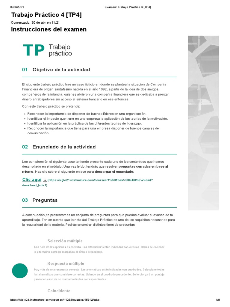Examen - Trabajo Práctico 4 Adm (TP4) | PDF | Liderazgo | Motivación