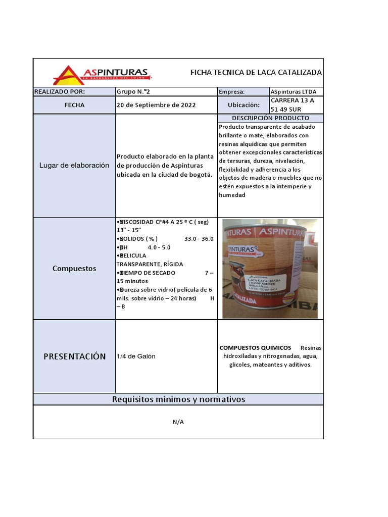 Ficha Técnica Laca Catalizada Aspinturas | PDF | Sustancias químicas ...