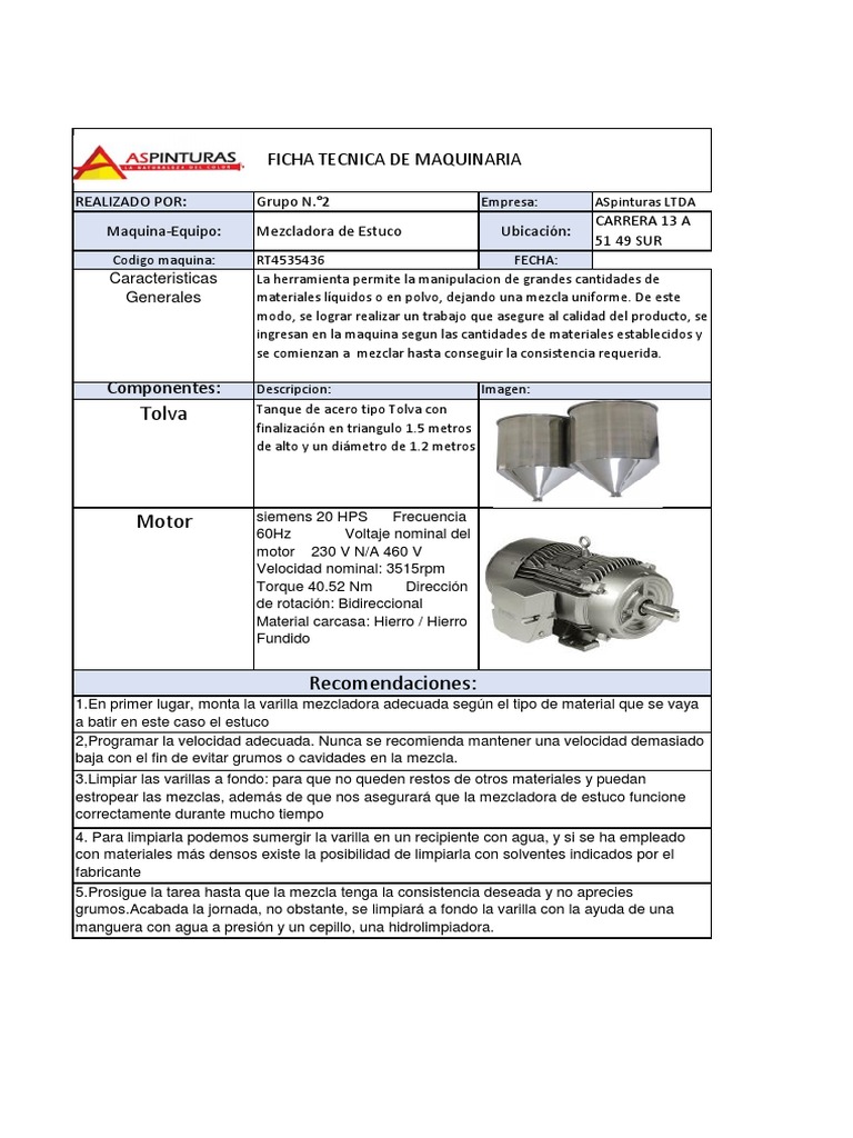 Ficha Tecnica Maquina Mezcladora | PDF | Bienes manufacturados
