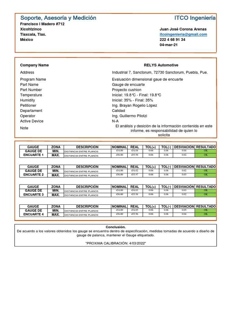 Reporte Dimensional Gauge de Encuarte F | PDF