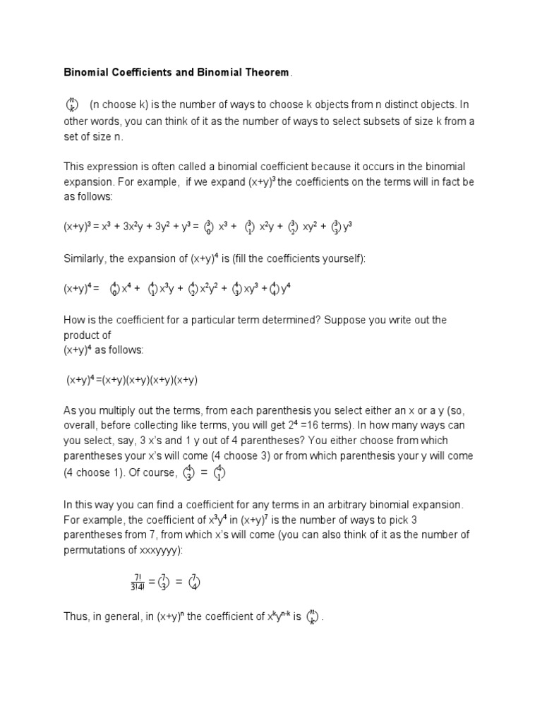 Understanding Binomial Coefficients and Theorem | PDF | Abstract ...