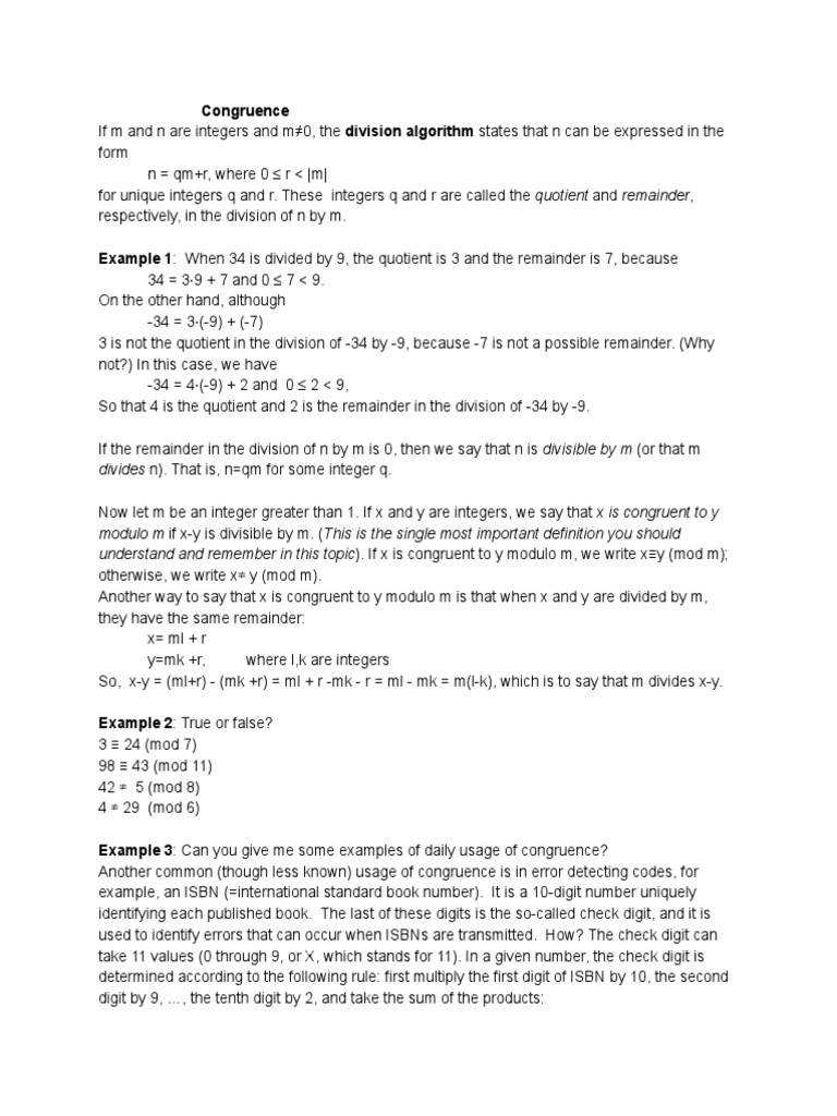 Congruence Modulo M Pdf Integer Algebra
