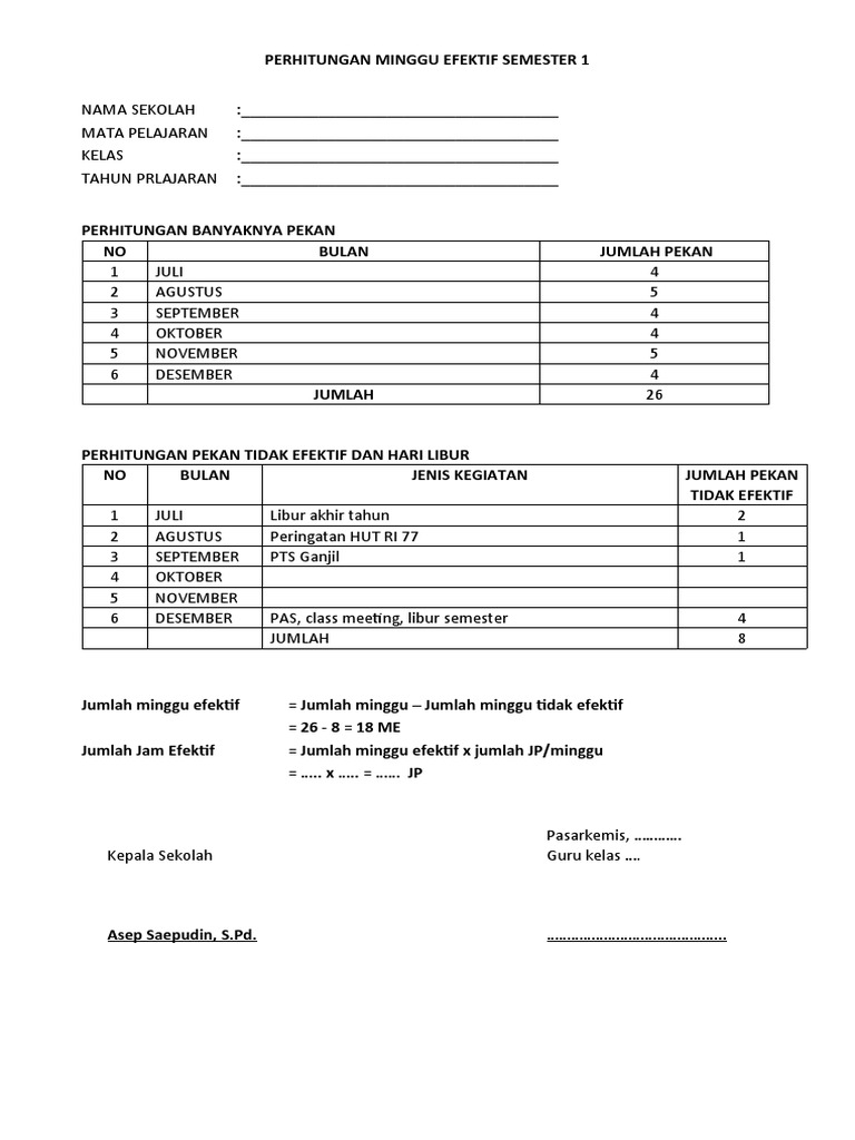 Format Prota Promes & Perhitungan Jam Efektif 2022-2023 | PDF