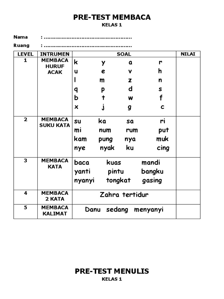 Pre Test Membaca Dan Menulis Kelas 1 Pdf