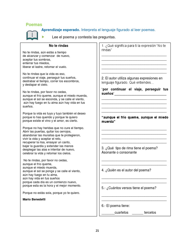 Pag. 21 - 6°sexto - Prim. Lee El Poema y Contesta Las Preguntas. | PDF