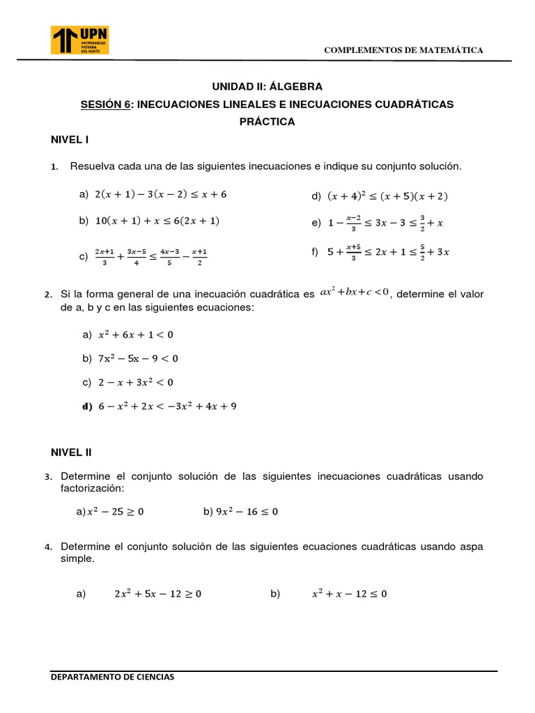 JP_TALLER DE PRÁCTICA_S06_INECUACIONES LINEALES Y CUADRÁTICAS | PDF | Ecuaciones | Álgebra