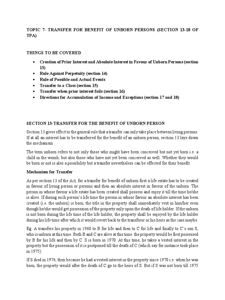 Transfer For Benefit of Unborn Person | PDF | Property | Property Law