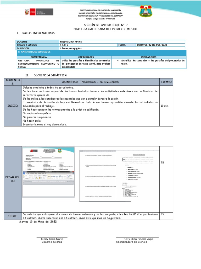 Sesion de Aprendizaje #7 - Practica Calificada Del Primer Bimestre | PDF | Aprendizaje ...
