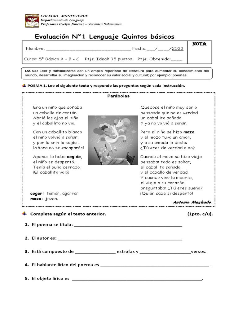 Evaluación 1 Textos Poéticos 5° Básicos | PDF | Rima | Amor
