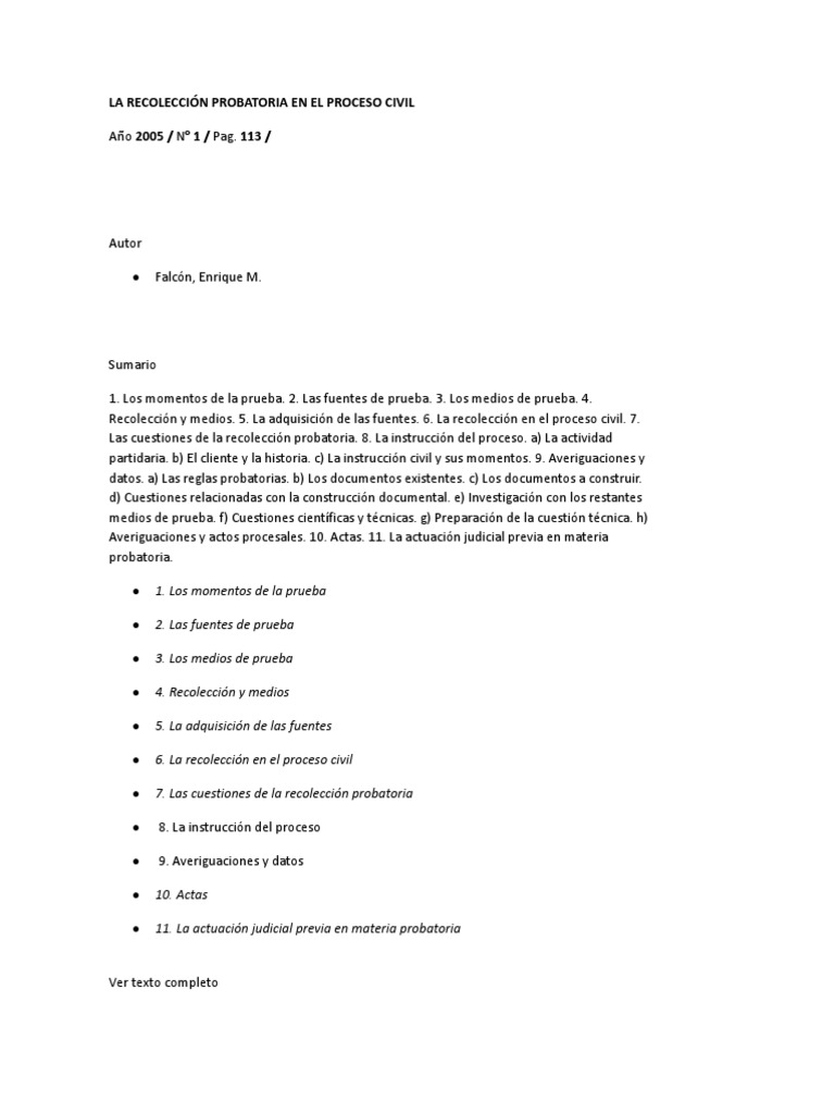 La Recolección Probatoria en El Proceso Civil - Falcon | PDF | Evidencia (ley) | Conocimiento