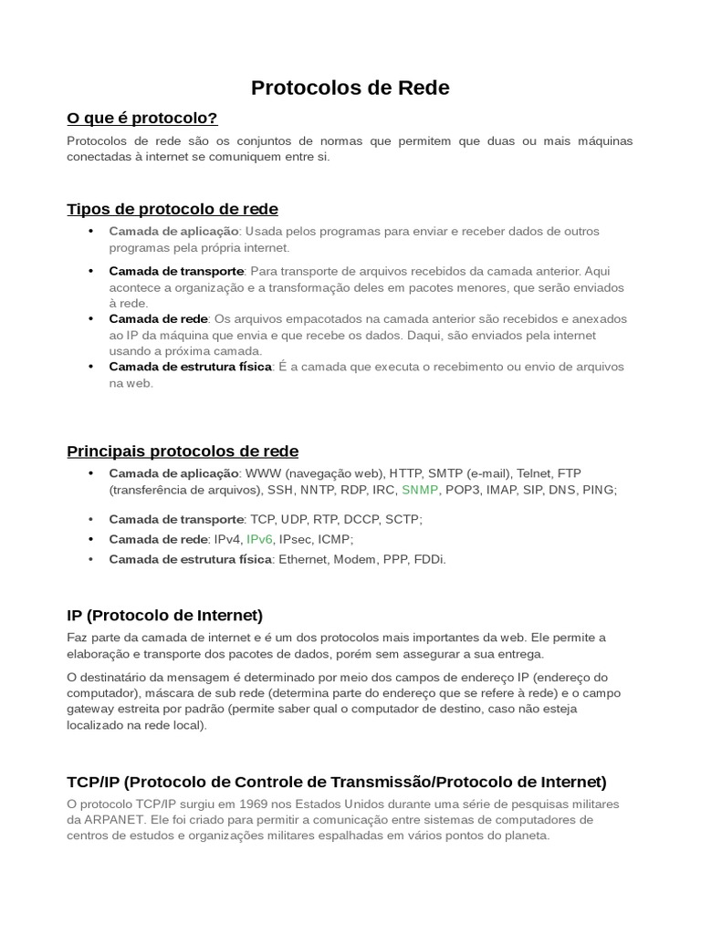 Resumo - Protocolos de Rede | PDF | Rede de computadores | Internet
