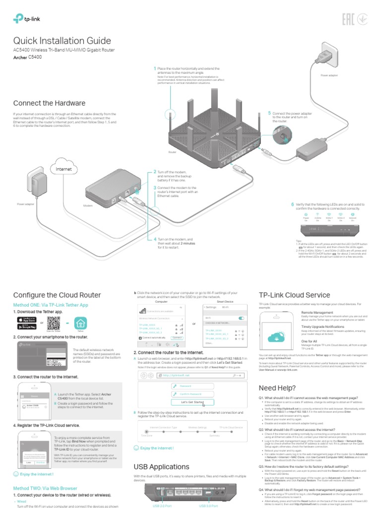 Archer C5400 - V2 - Quick Installation Guide | PDF | Wi Fi | Computer Network