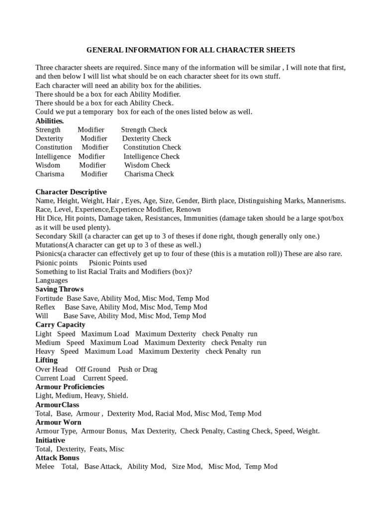 Character Sheet Info | PDF