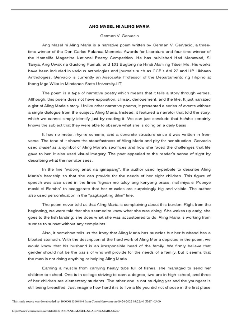 Aling Maria's Sacrifice Poem Analysis | PDF | Poetry