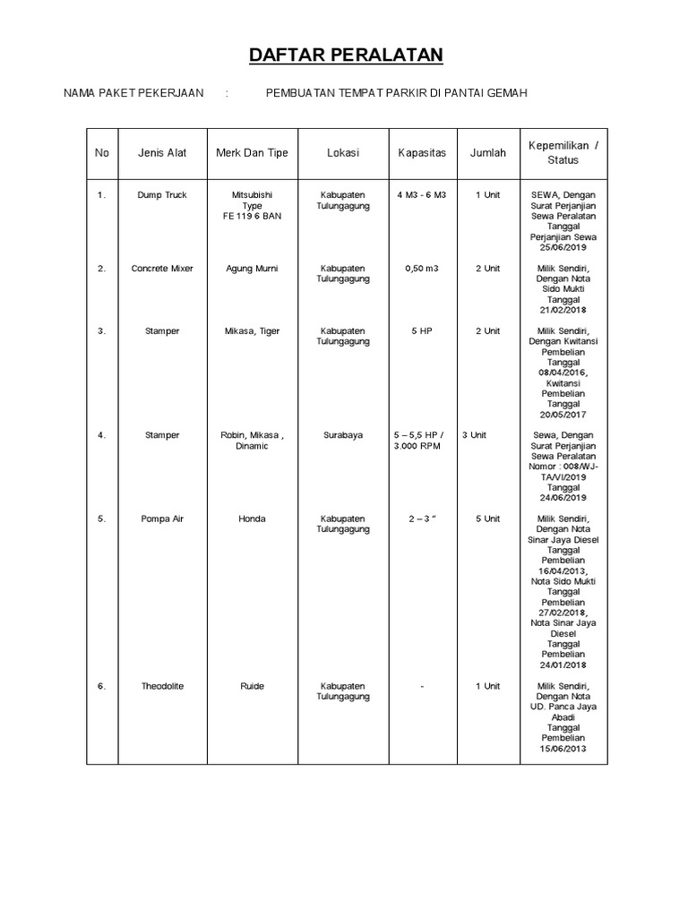 Daftar Isian Peralatan Utama | PDF