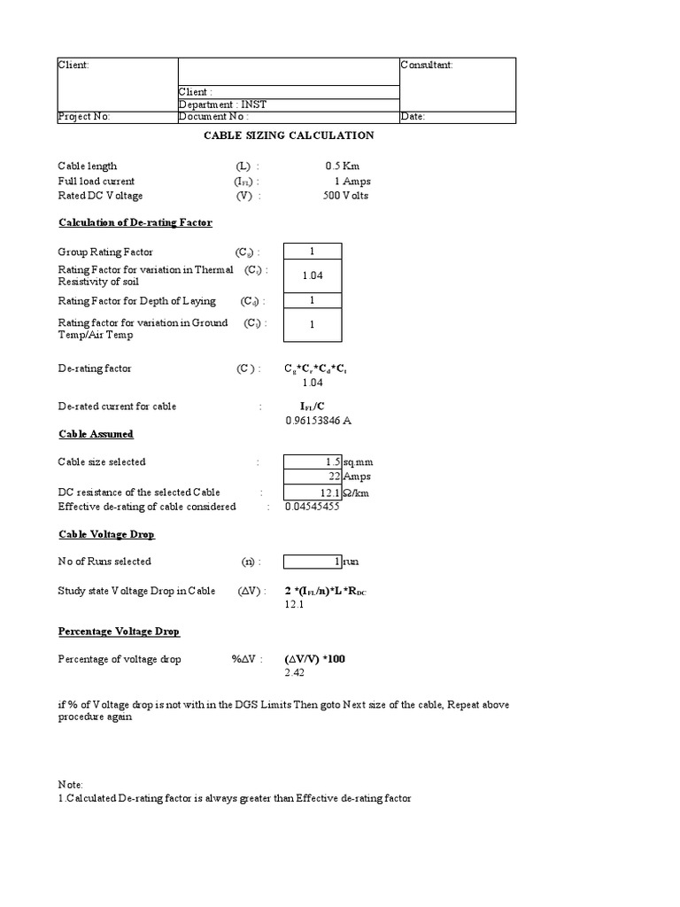 Cable Sizing Calculations | PDF | Voltage | Alternating Current
