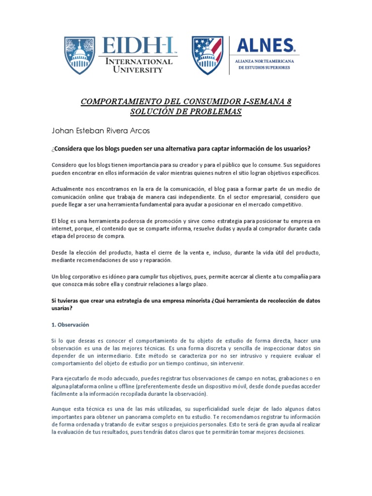 Deber Johan Rivera - Comportamiento Del Consumidor - Semana 8 - SOLUCIÓN DE PROBLEMAS | PDF ...