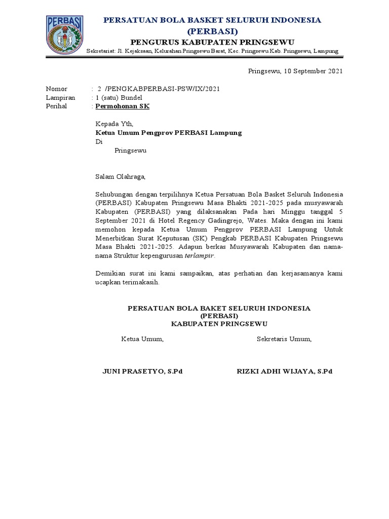 Surat Permohonan SK Perbasi | PDF