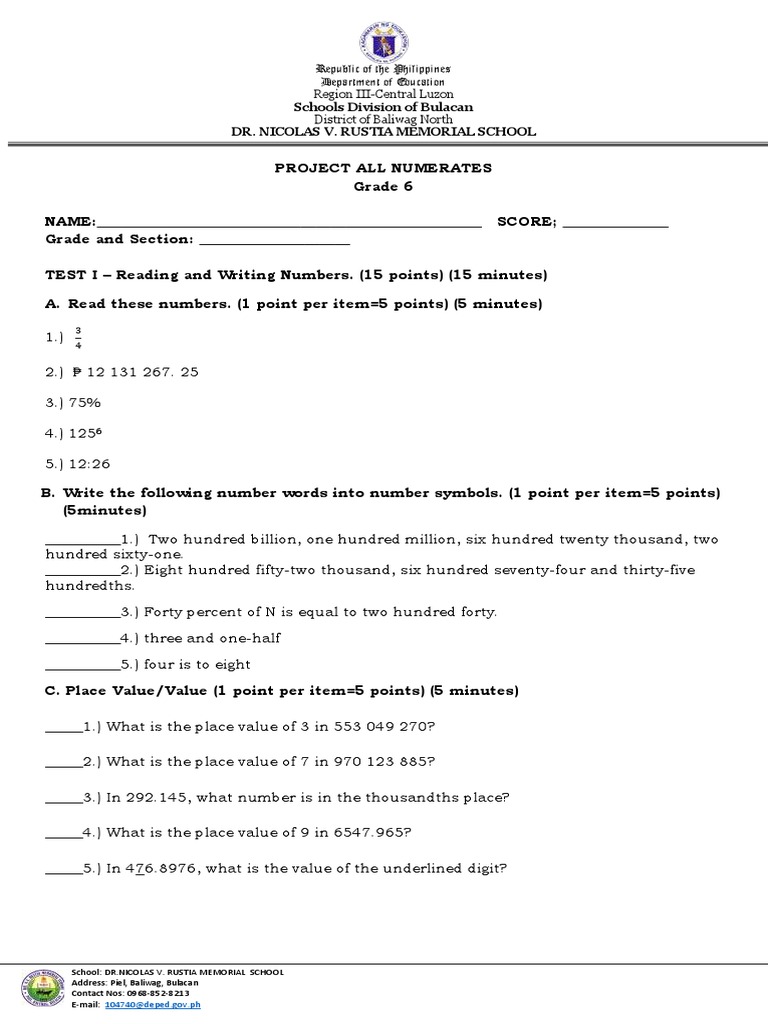 Project All Numerates-Grade 6 | PDF | Mathematics | Arithmetic
