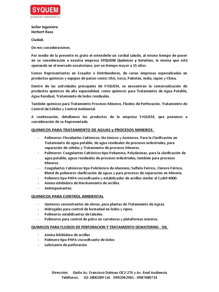 Carta de Presentación Syq | PDF | Aguas residuales | Agua potable