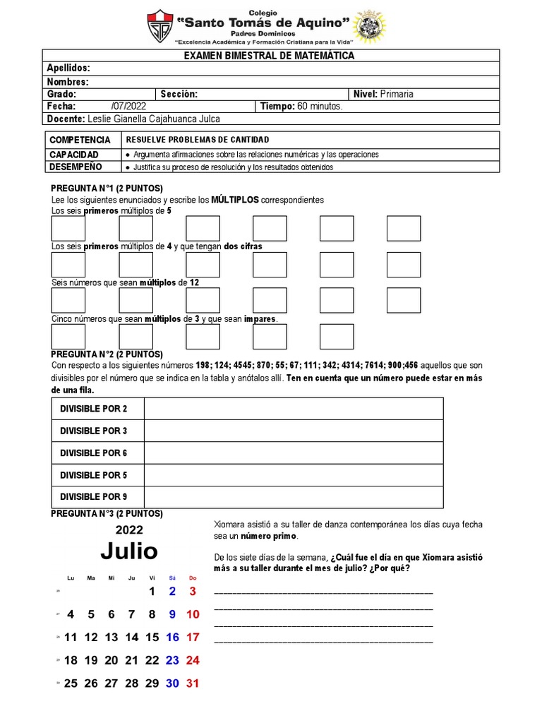 Examen Bimestral 6to Primaria | PDF | Matemáticas | Matemática Elemental