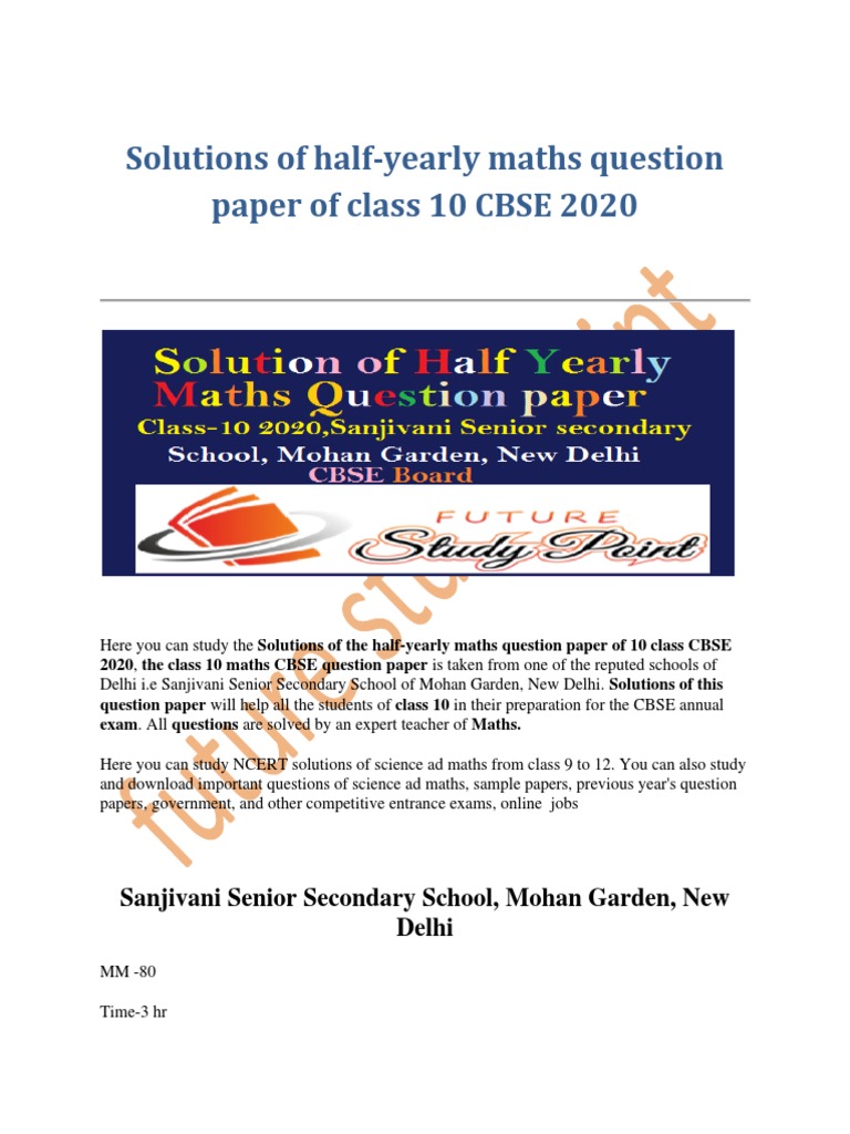 Class 10 CBSE half-yearly maths paper solutions | PDF | Quadratic Equation | Polynomial