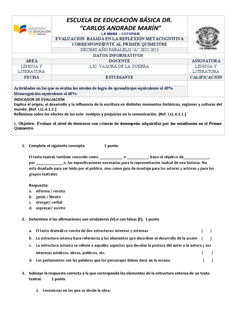 EXÁMEN QUIMESTRAL LL 10° EGB | PDF | Evaluación | Cognición