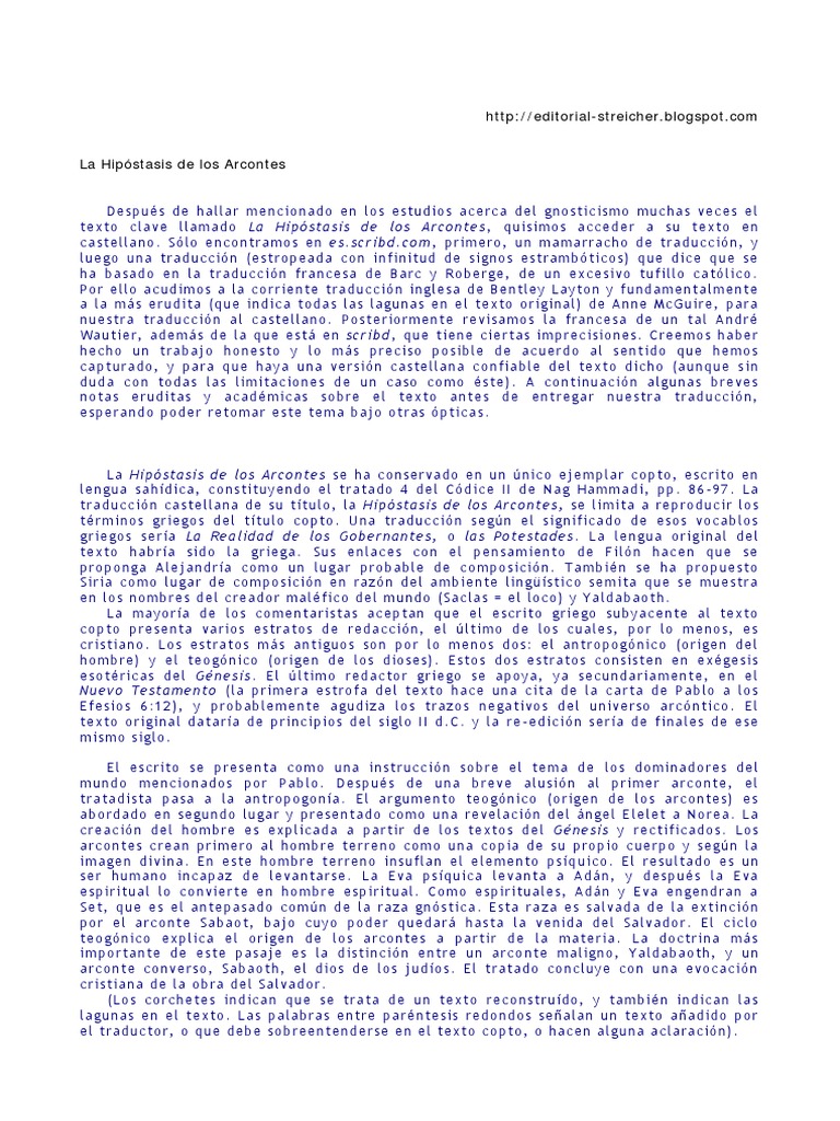 La Hipostasis de Los Arcontes | PDF | Creencia religiosa y doctrina