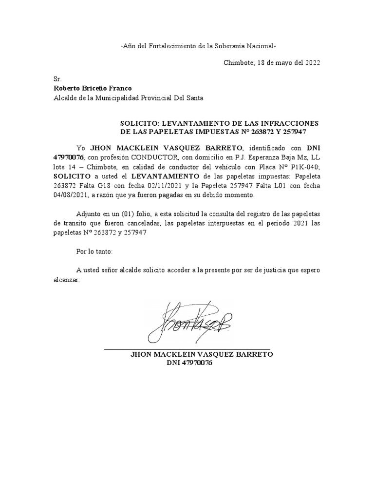 Solicito Levantamiento de Papeletas | PDF | Derecho